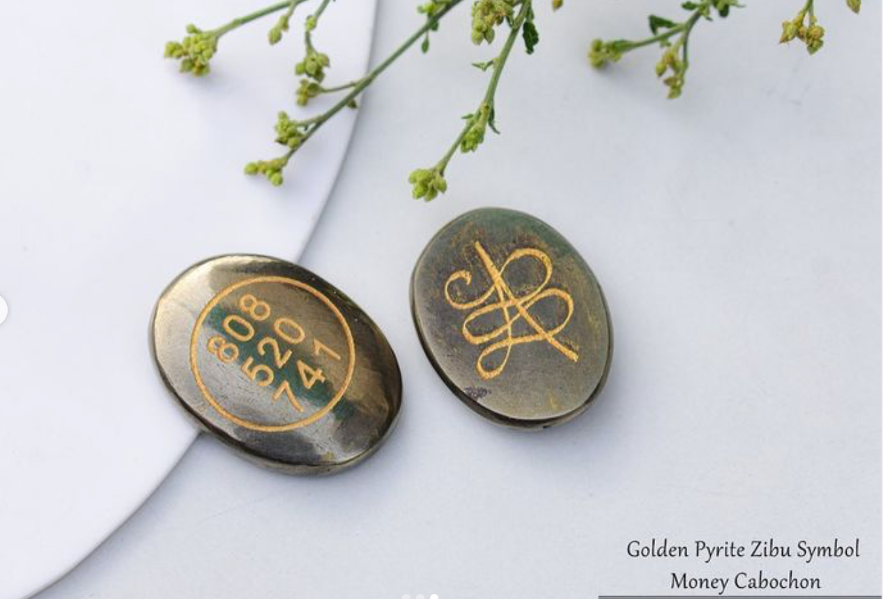 Golden Pyrite Zibu Symbol Coin Money Cabochon – Bhakti Samagri